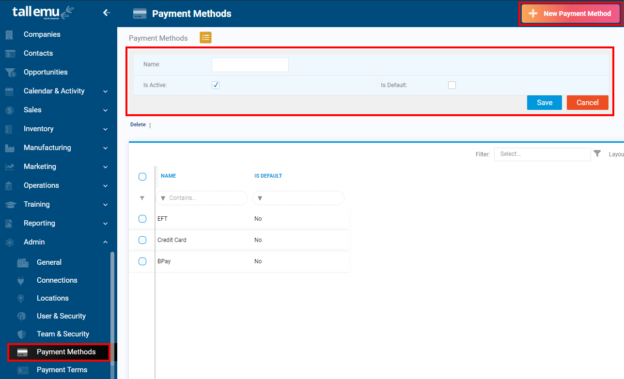 Payment Methods - General Help - Tall Emu CRM Australia