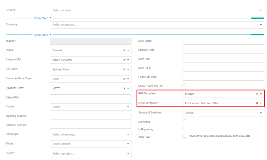 Creating Invoices - General Help - Tall Emu CRM + MYOB CRM Australia