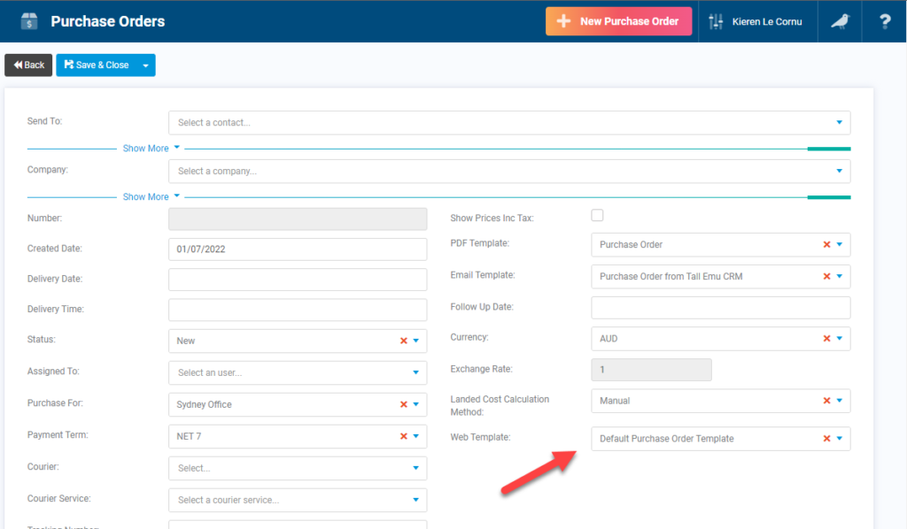 Set Up Web Purchase Order Templates - General Help - Tall Emu CRM Australia