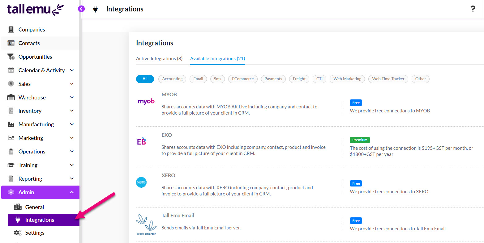 Managing Integrations - General Help - Tall Emu CRM