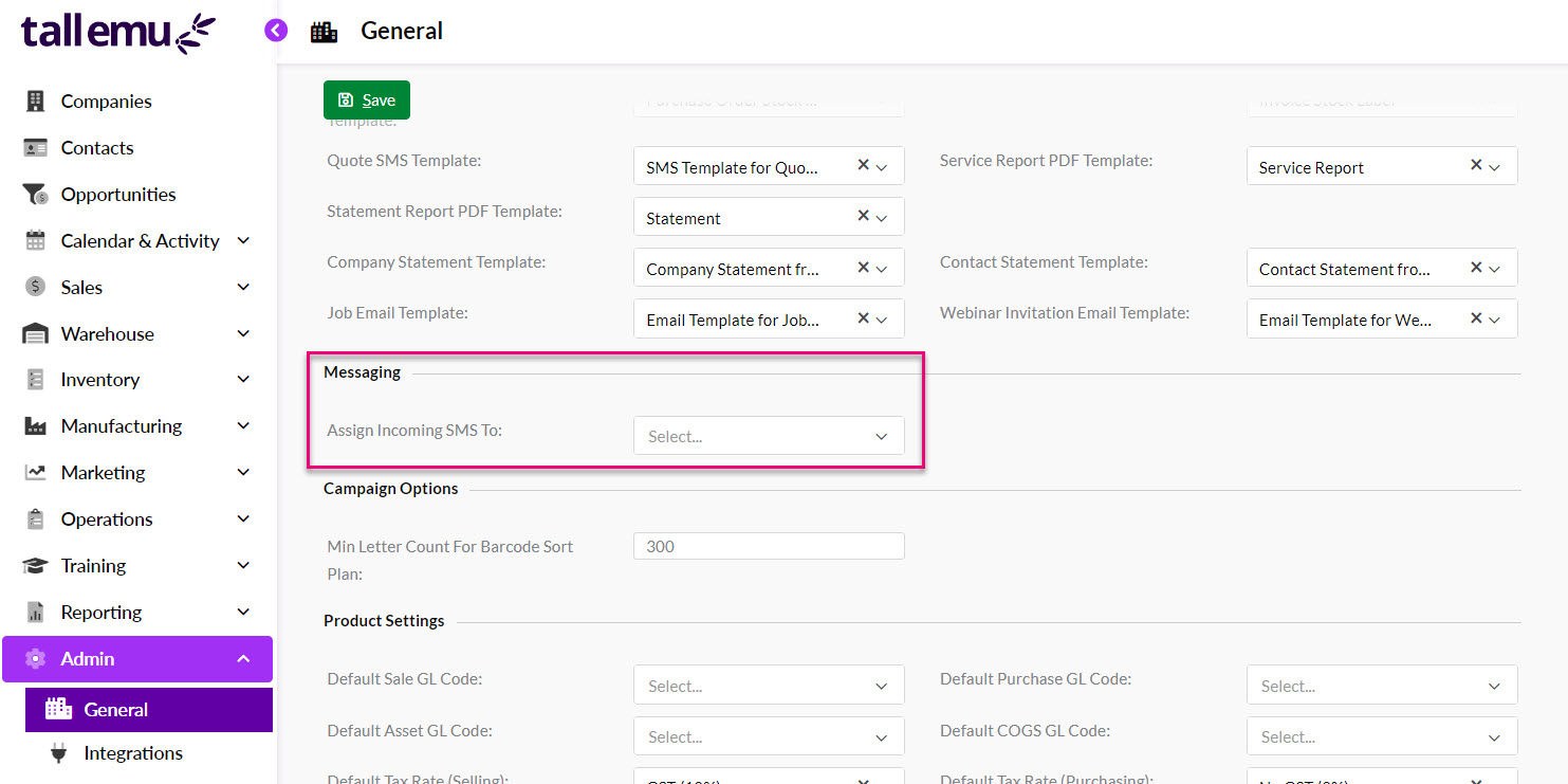 Messaging settings - General Help - Tall Emu CRM + MYOB CRM Australia