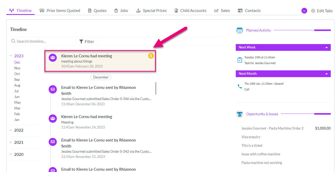 Pinning Activities on Timelines - General Help - Tall Emu CRM