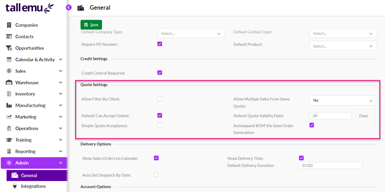 System Quote Preferences - General Help - Tall Emu CRM