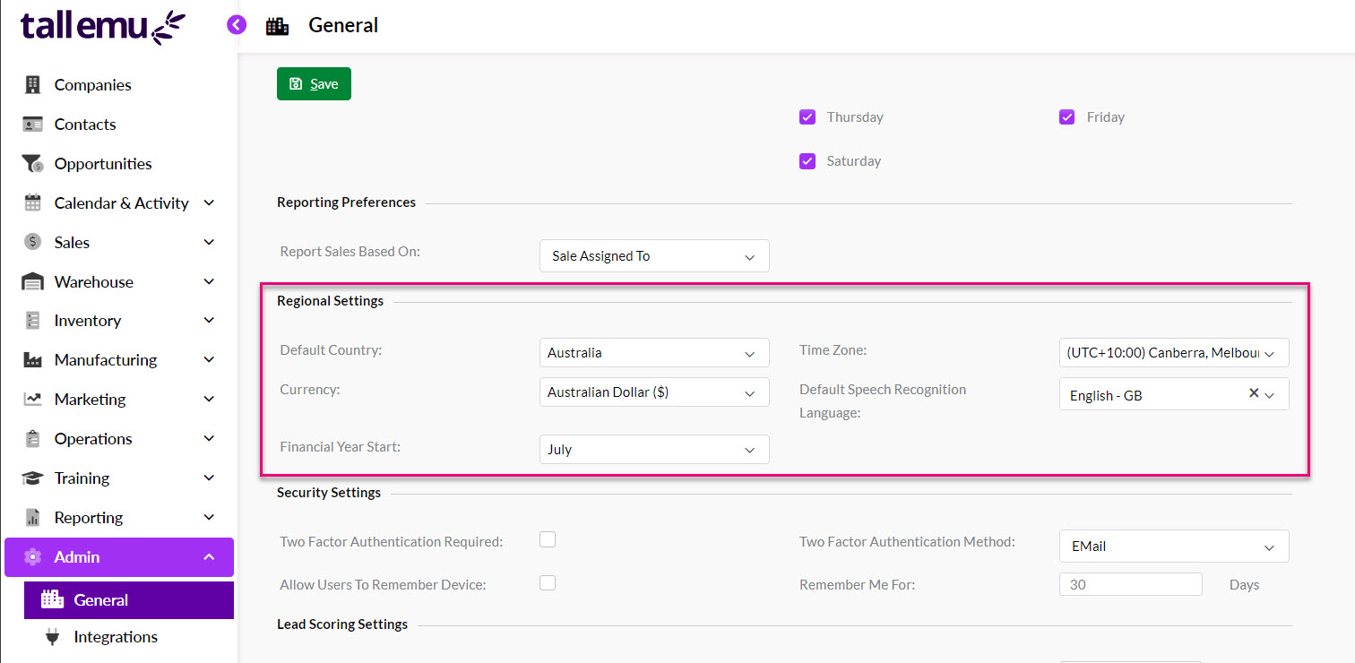 Regional Settings - General Help - Tall Emu CRM