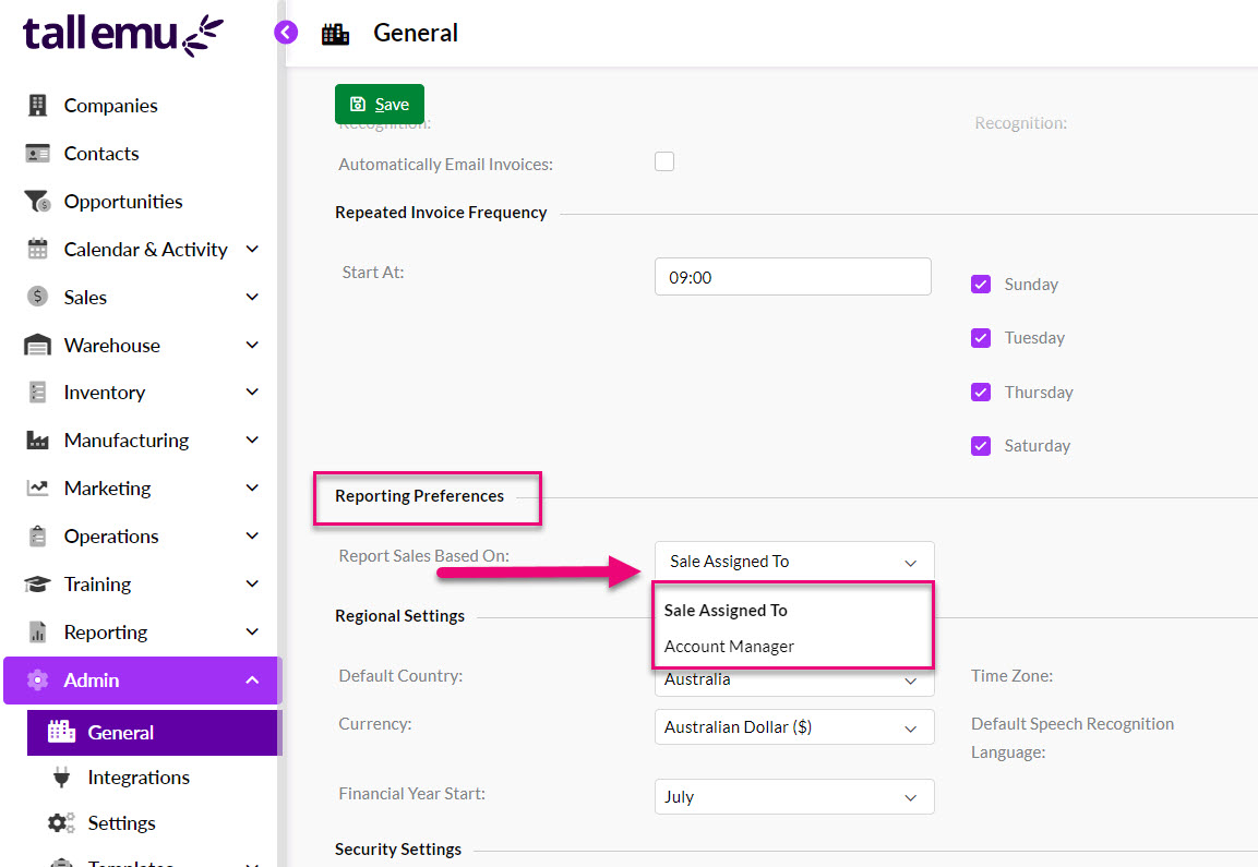 Reporting Preferences - General Help - Tall Emu CRM