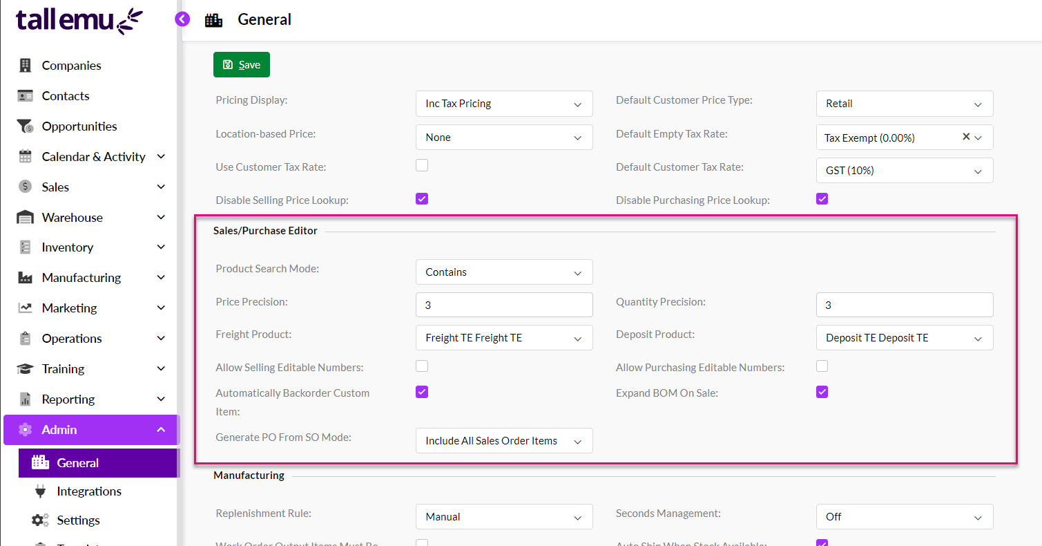 Sales & purchase settings - General Help - Tall Emu CRM