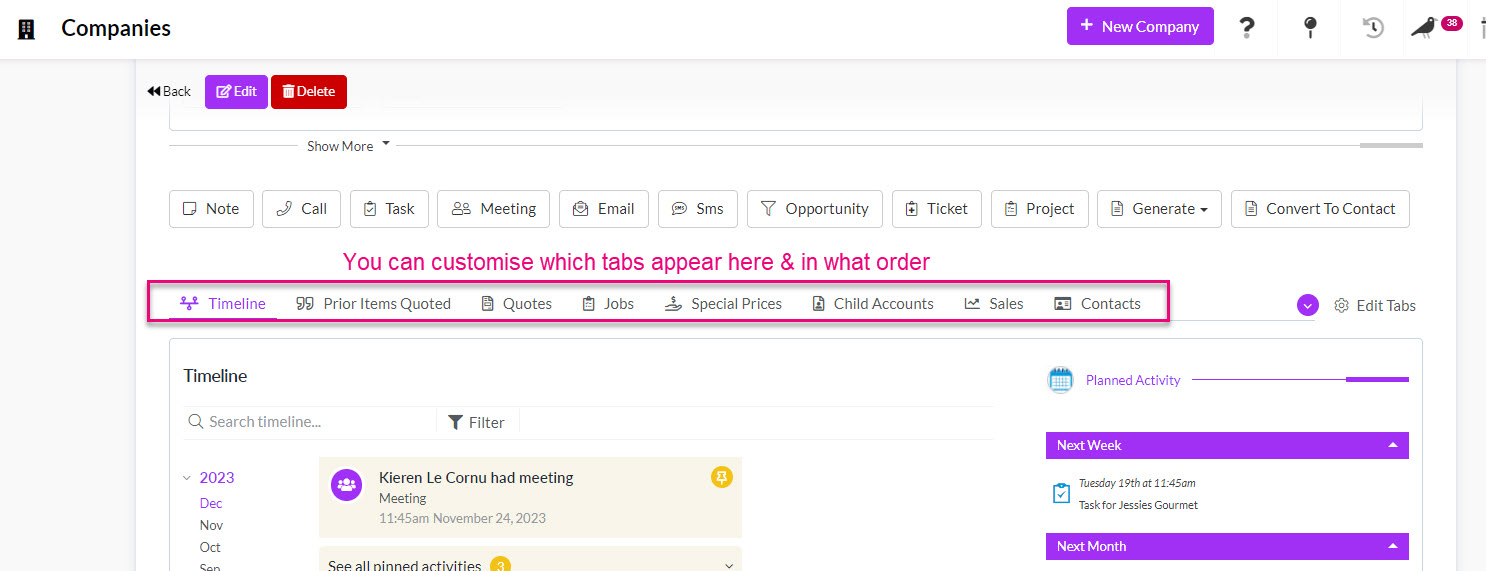 Record Tabs - General Help - Tall Emu CRM