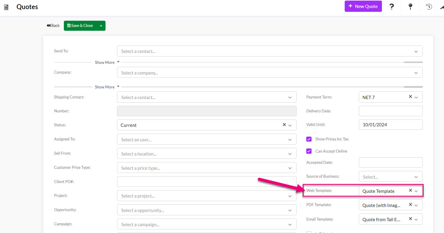 Configure Online Quoting - General Help - Tall Emu CRM
