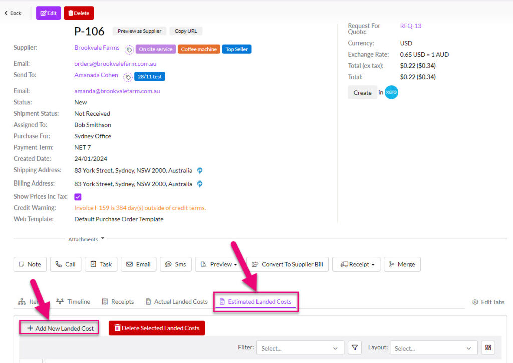 Working with Landed Costs - General Help - Tall Emu CRM