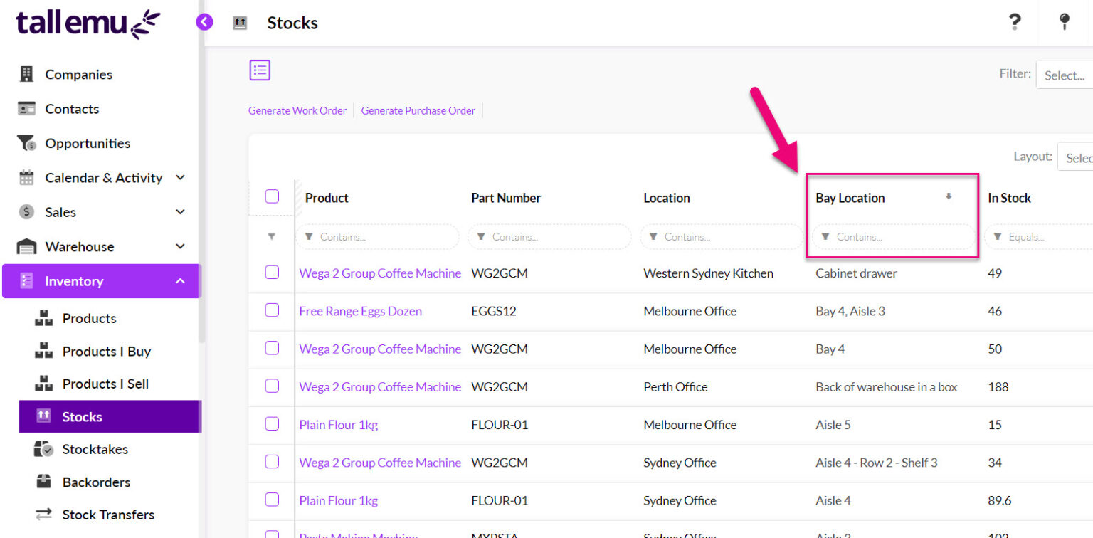 Bay Locations - General Help - Tall Emu CRM