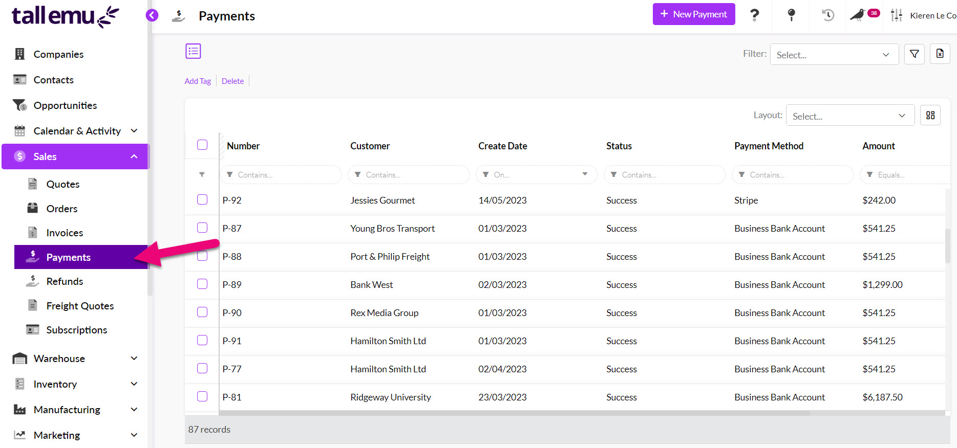 Logging Payments - General Help - Tall Emu CRM