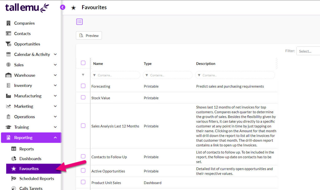 Favourite Reports - General Help - Tall Emu CRM