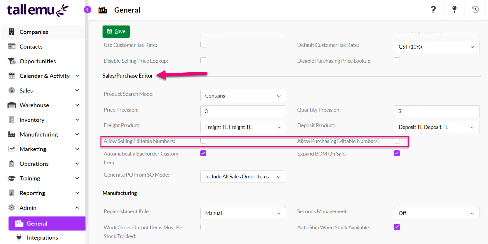 Prefix/Sequences settings (Record Numbering) - General Help - Tall Emu CRM