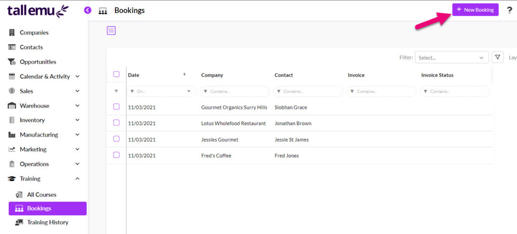 Training Bookings - General Help - Tall Emu CRM
