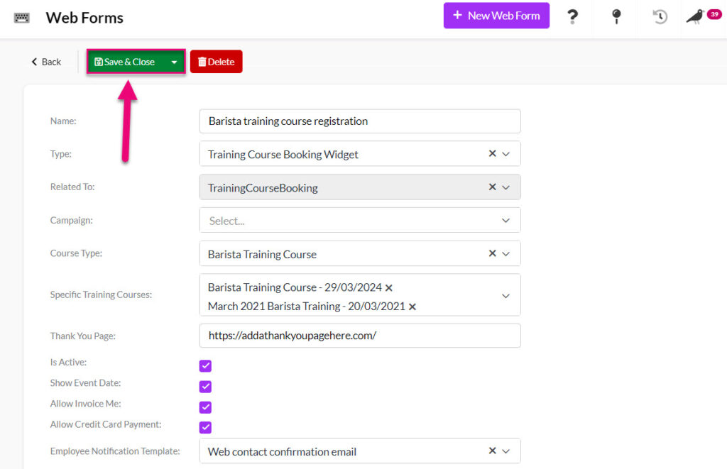 Training Course Booking Web Forms - General Help - Tall Emu CRM